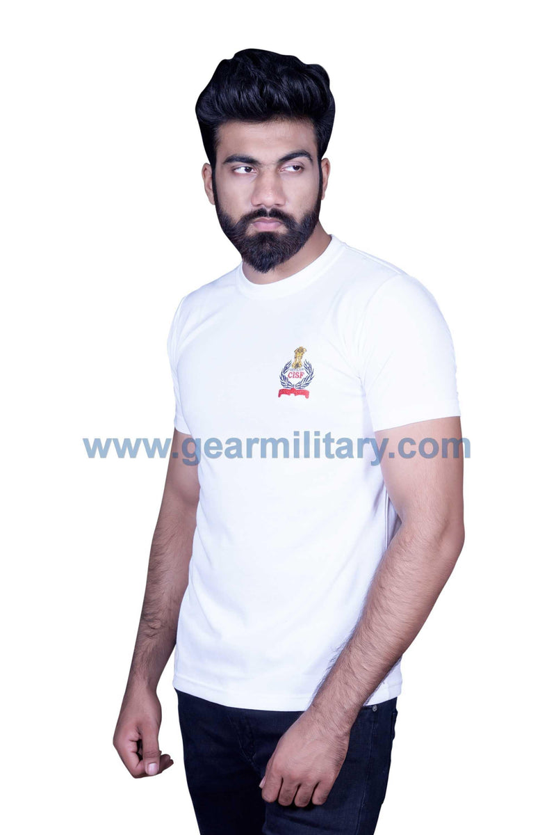CISF Logo Embroidered White Round Neck T Shirt – gearmilitary